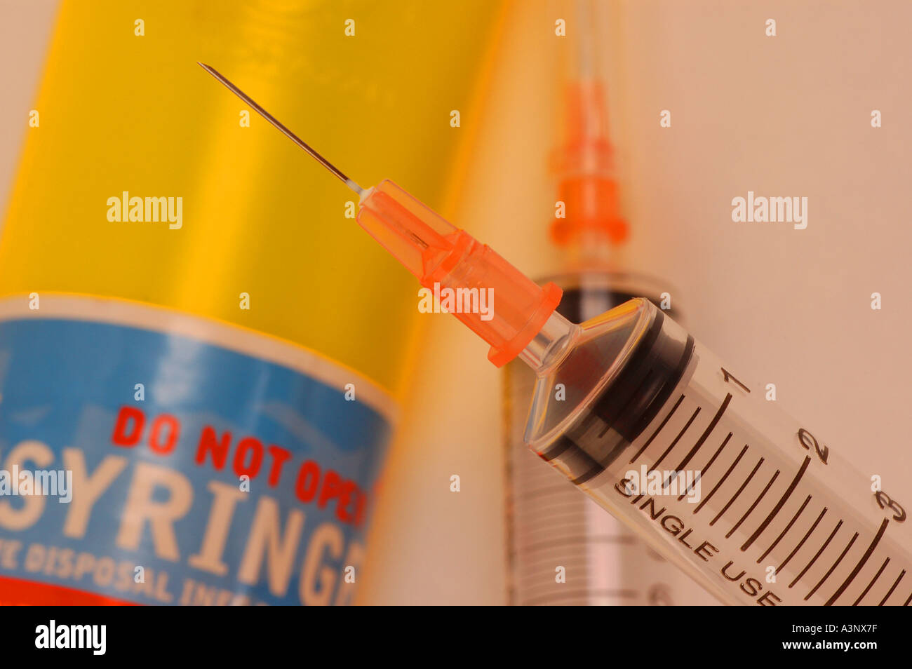 Hypodermic Syringe and sharps container dsca 0783 Stock Photo - Alamy