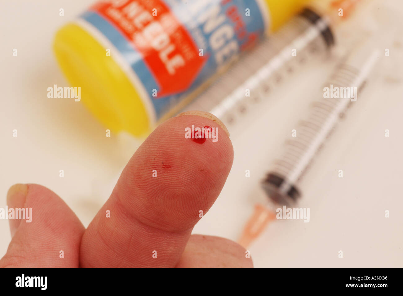 Finger stabbed by syringe dsca 0794 Stock Photo - Alamy