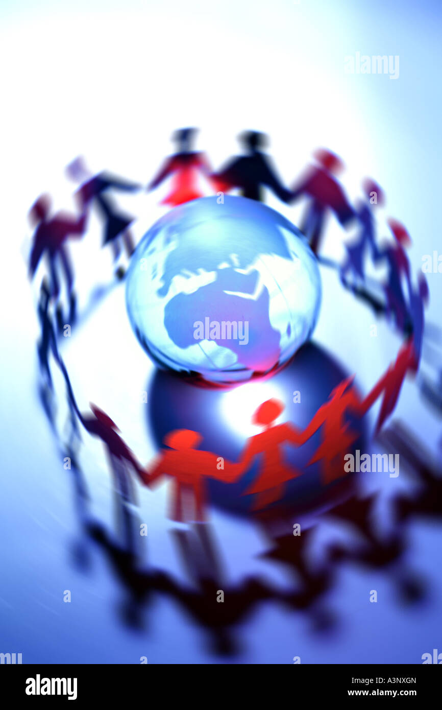 Paperchain running around globe Stock Photo - Alamy