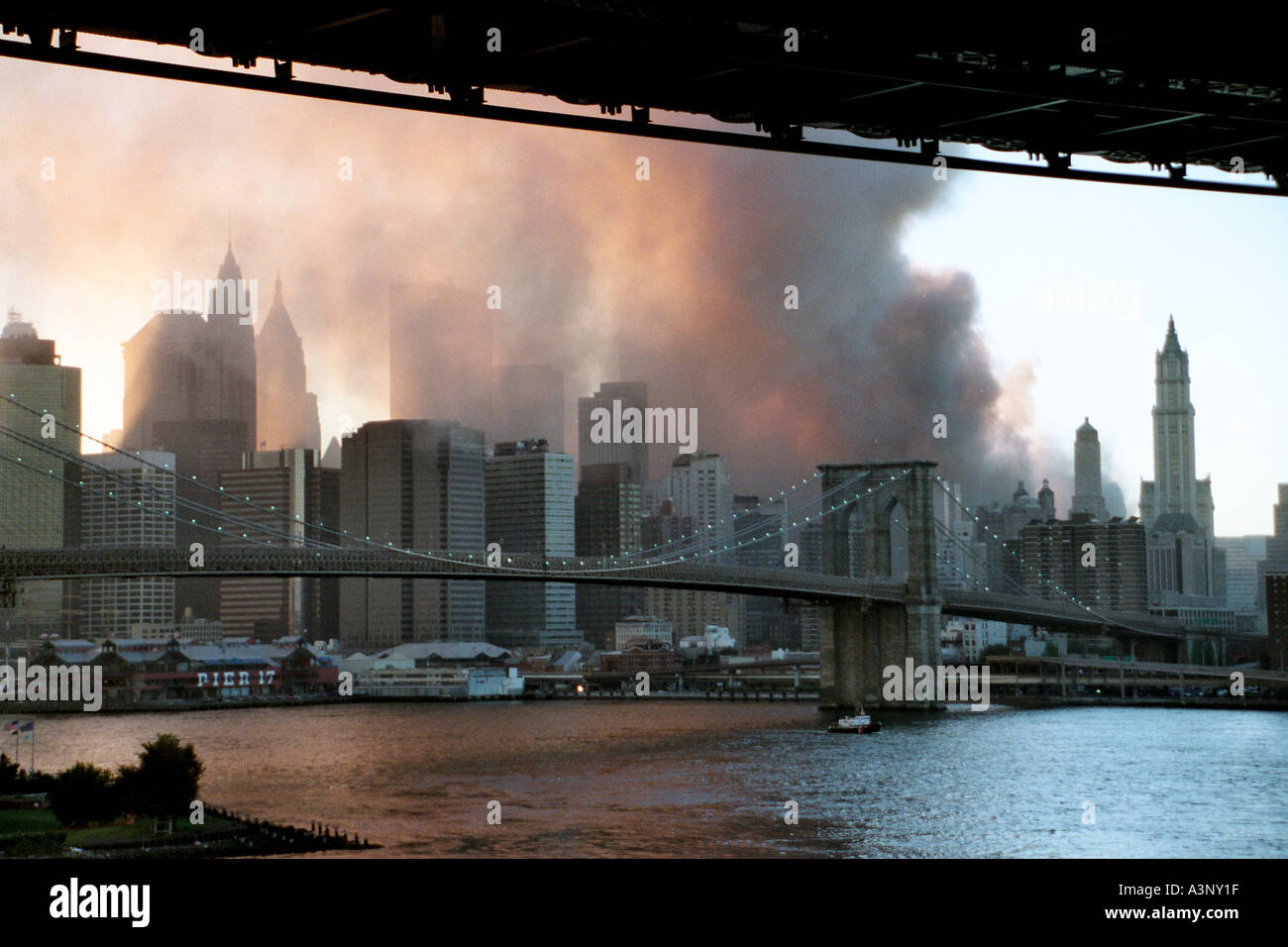 Lower Manhattan skyline and Brooklyn Bridge from under the Manhattan ...