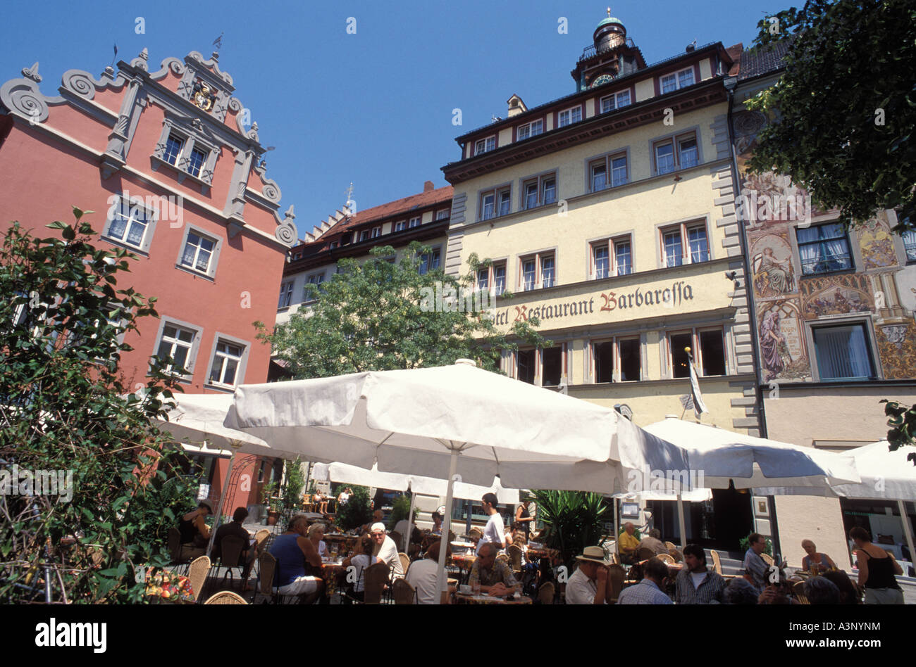 People at the terrace of Hotel Restaurant Barbarossa in Constance Lake ...