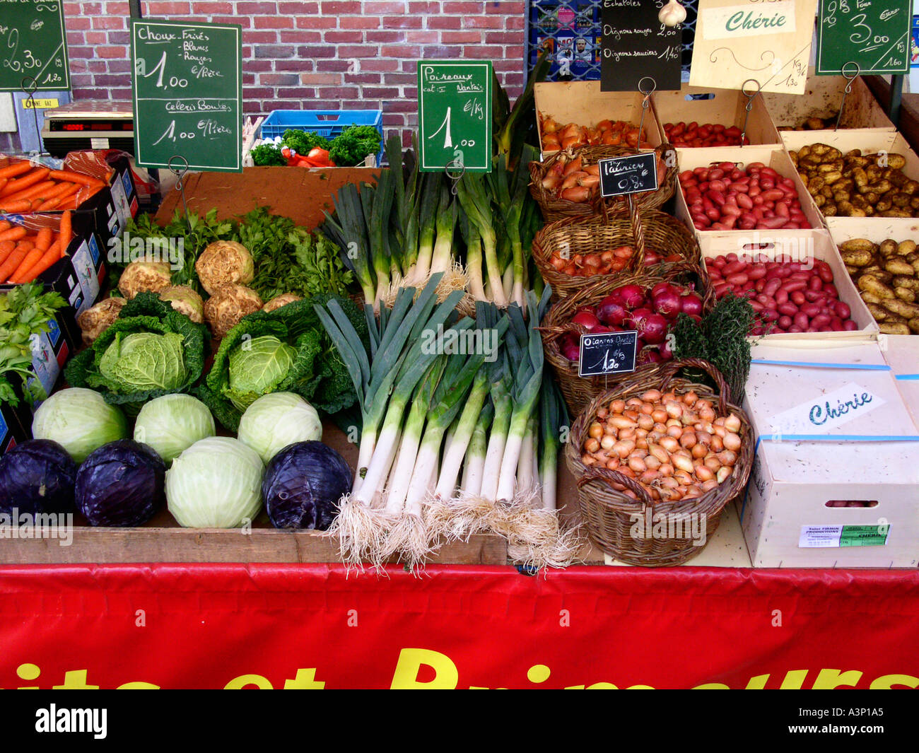 French market stall selling vegetables Northern France Hesdin Stock ...