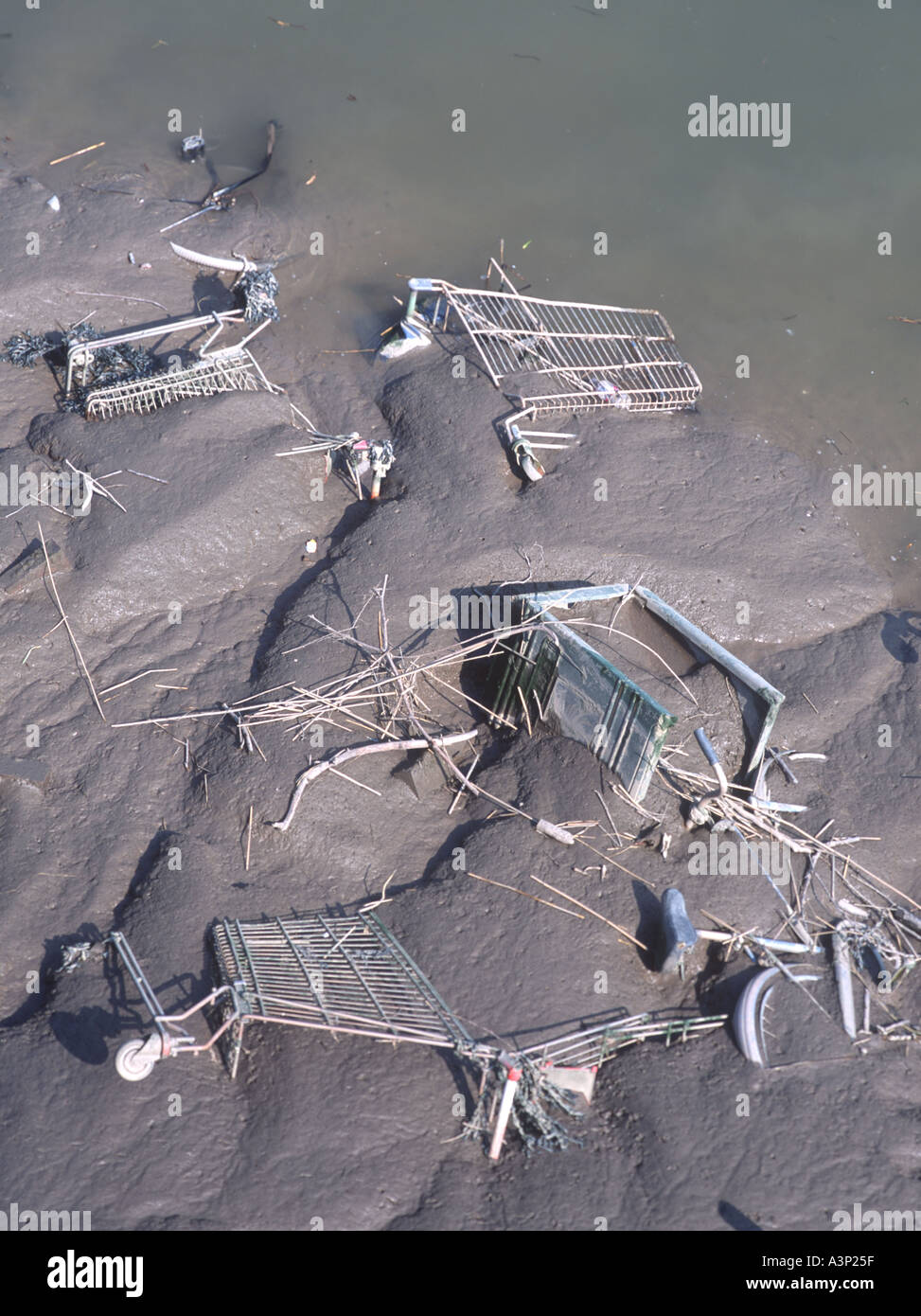 Dumped Shopping Trolleys and Bike in the River Usk Newport City Gwent ...