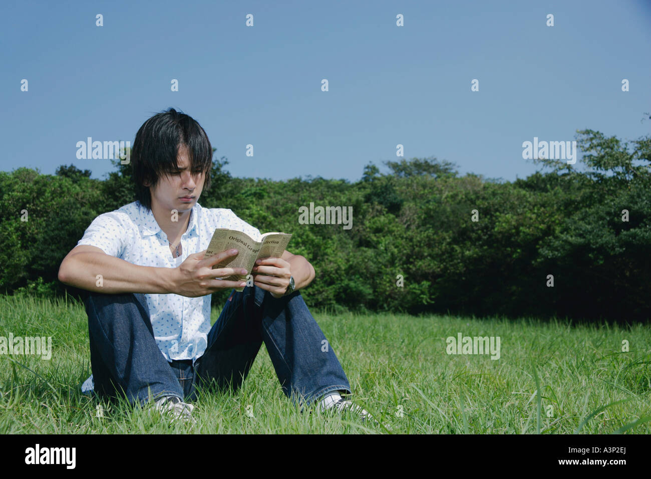 A young man reading a book on grass field Stock Photo - Alamy