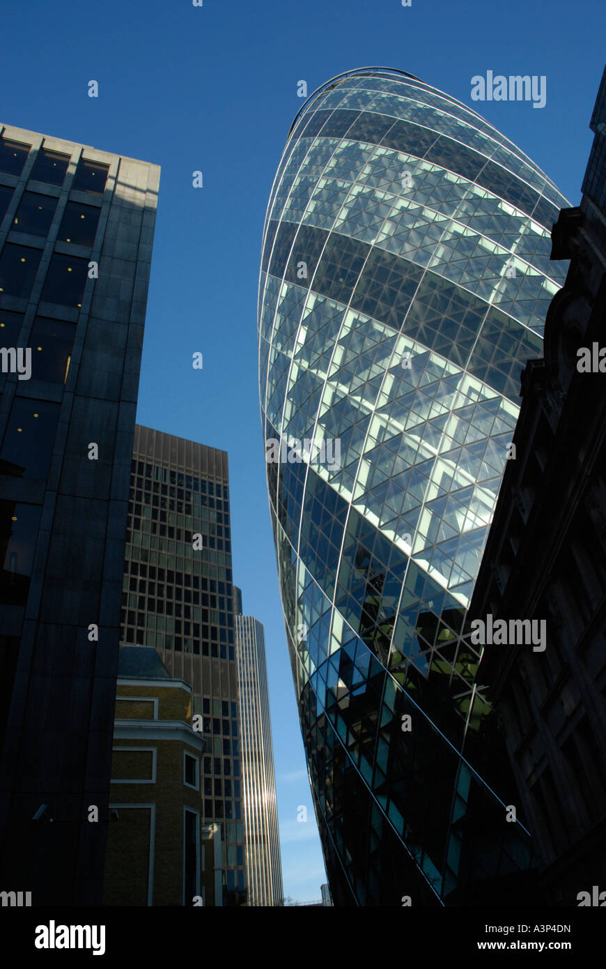 View of the Gherkin Swiss Re tower and several other nearby modern ...
