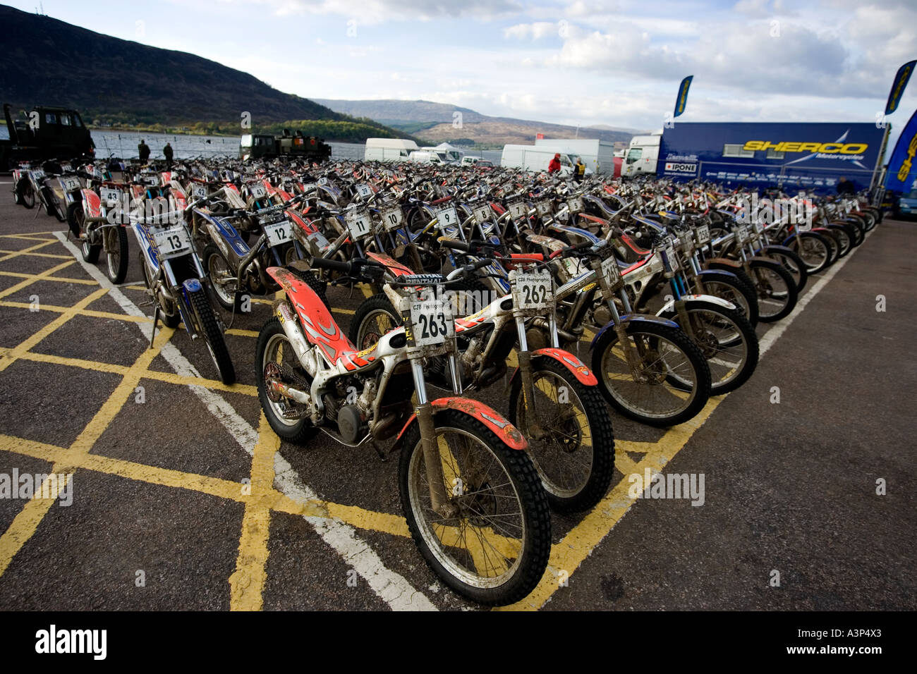 Trials Bikes competing in Scottish Six Day Trial in Pit Area Fort ...