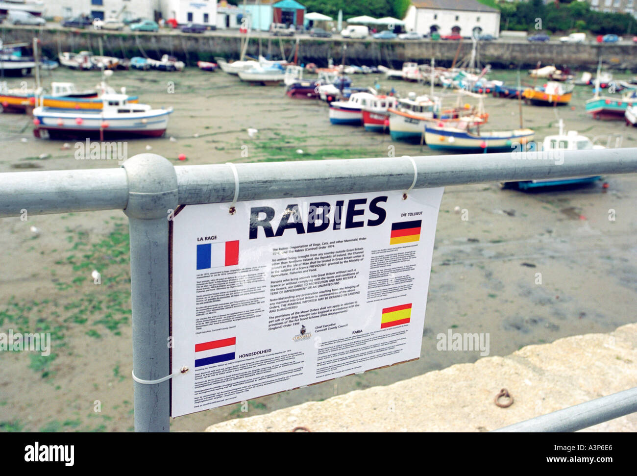 A Rabies warning sign at Porthleven Harbour in Cornwall Britain UK ...