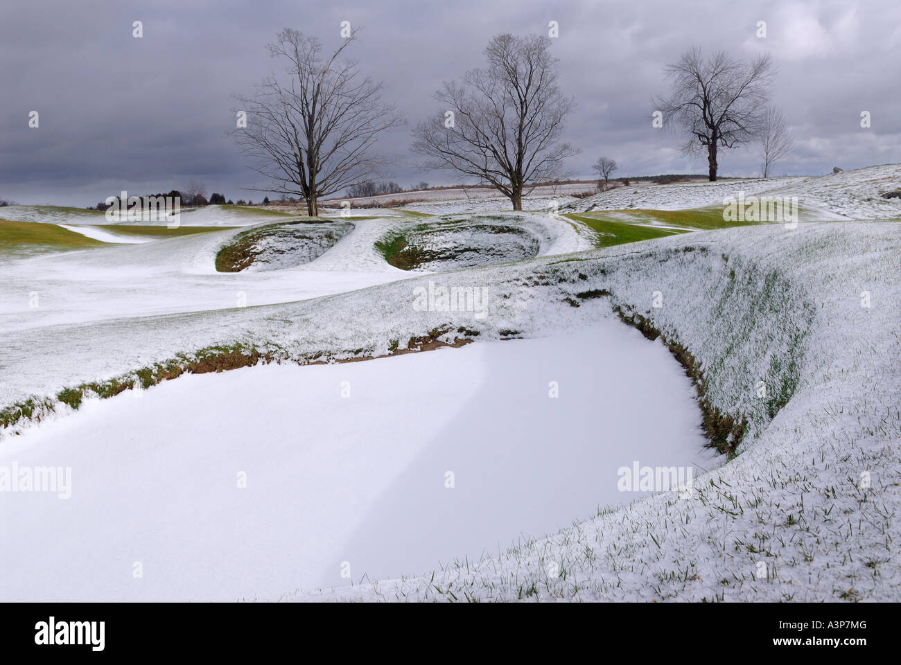 Three trees and three sand traps in the first snowstorm of the year in ...