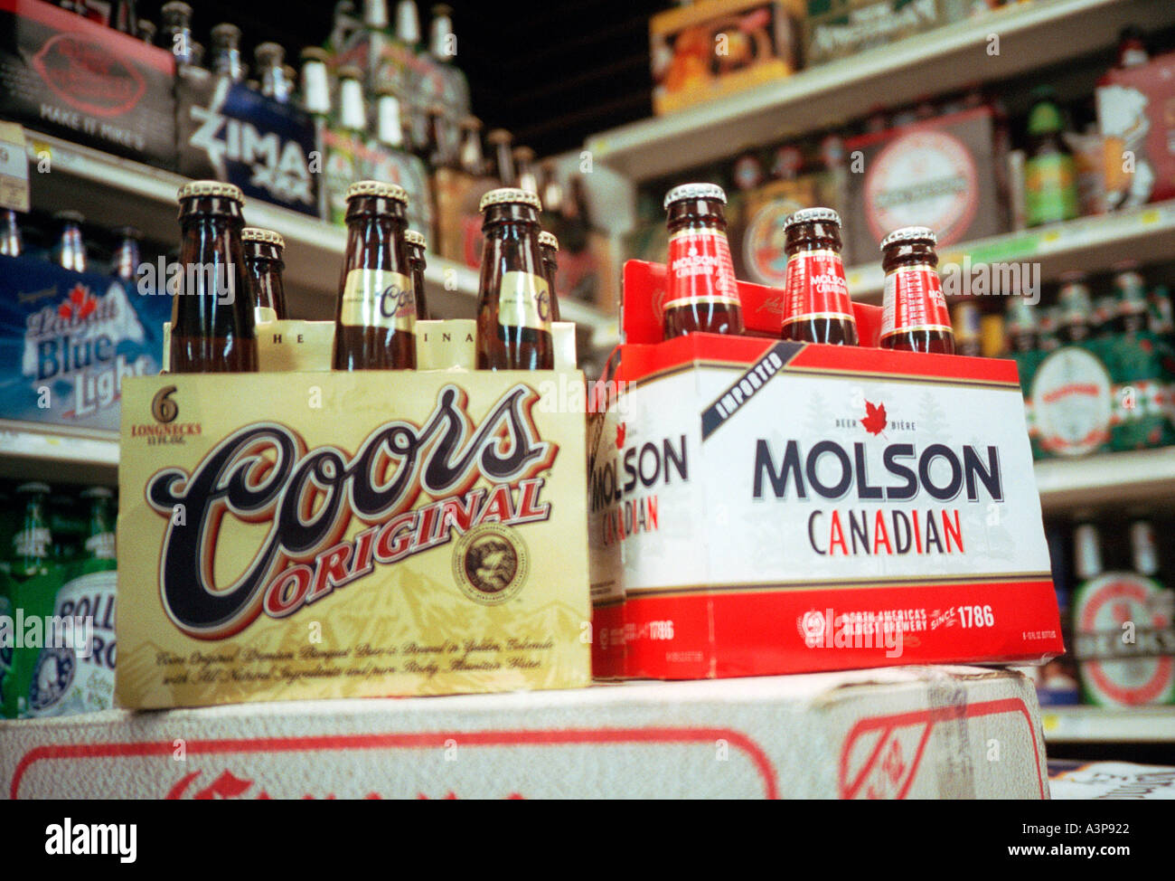 Six packs of Coors and Molson beers in a supermarket Adolph Coors Co ...