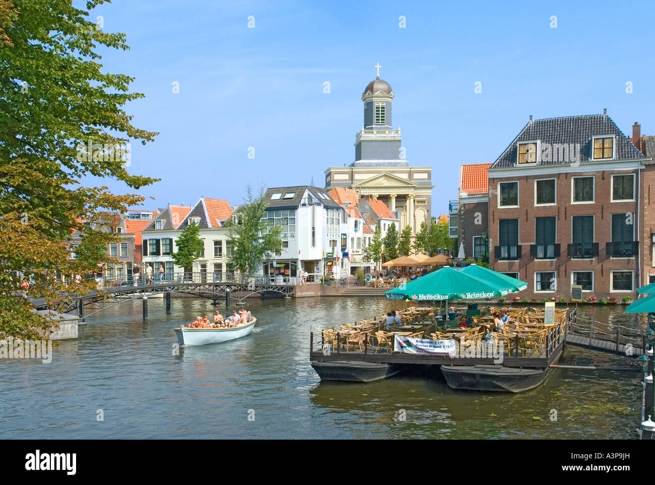 Looking across Oude Rijn to Stille Rijn and Hartebrug church, Leiden ...