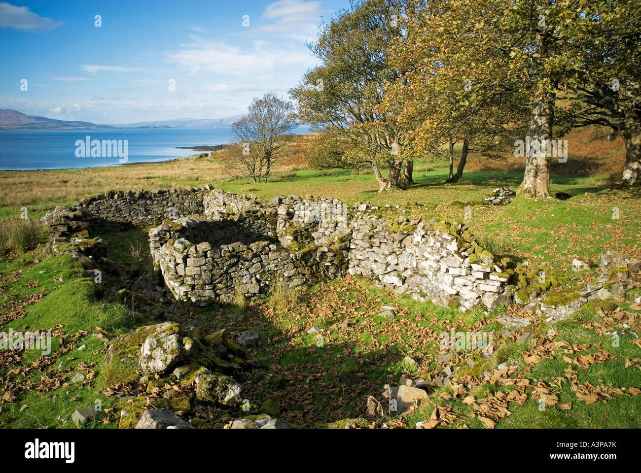 stone foundation ruin of old croft house, Kerrera Island, Scotland ...