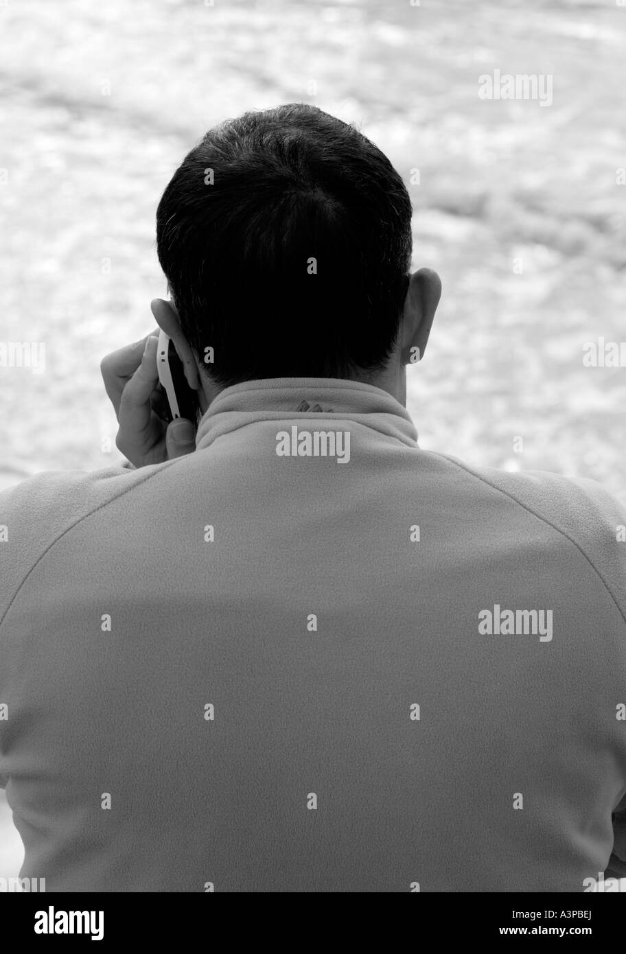 Rear view of male mobile phone user Stock Photo - Alamy