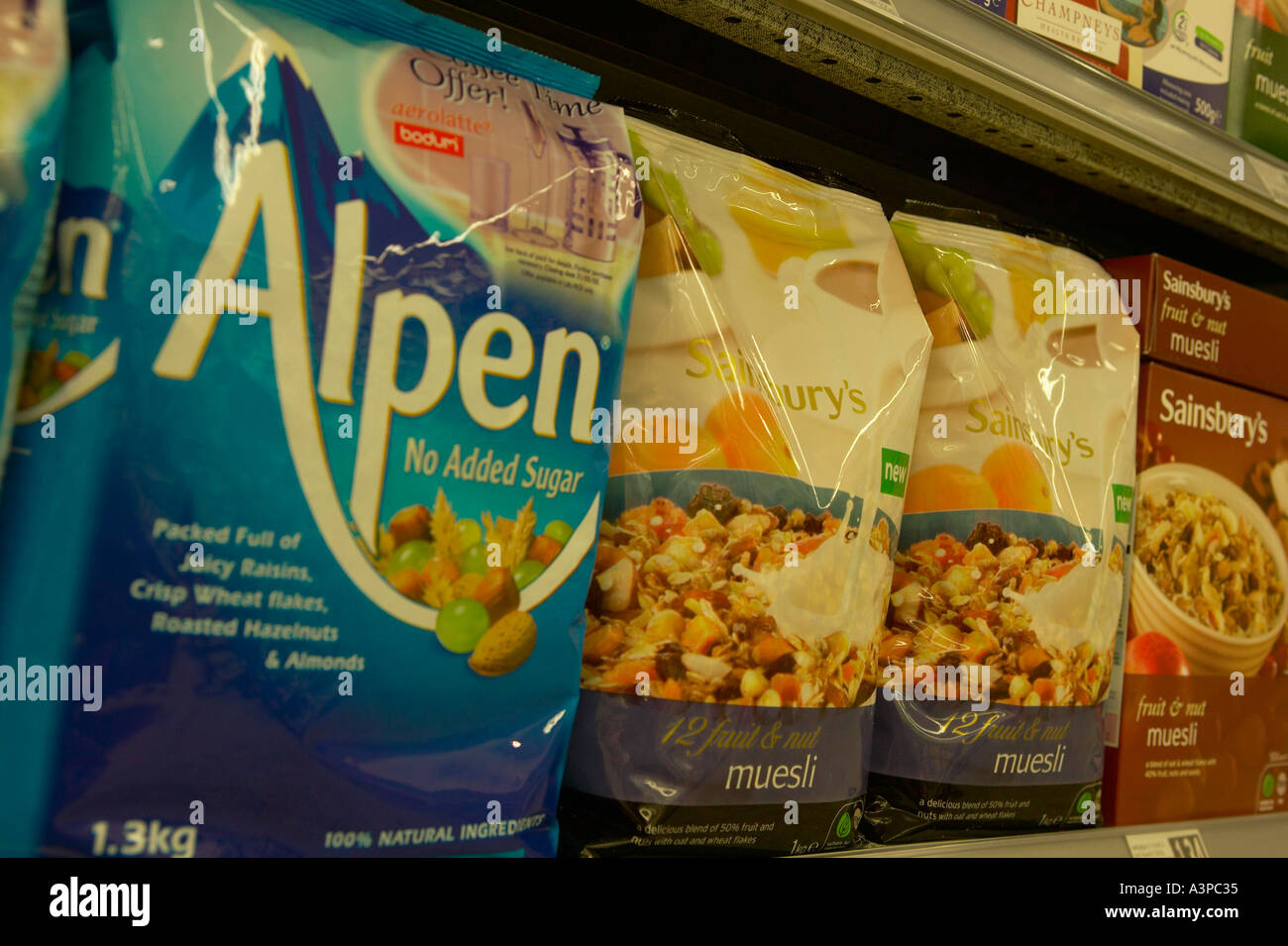 SELECTION OF MUESLI PACKS ON SUPERMARKET SHELF Stock Photo - Alamy