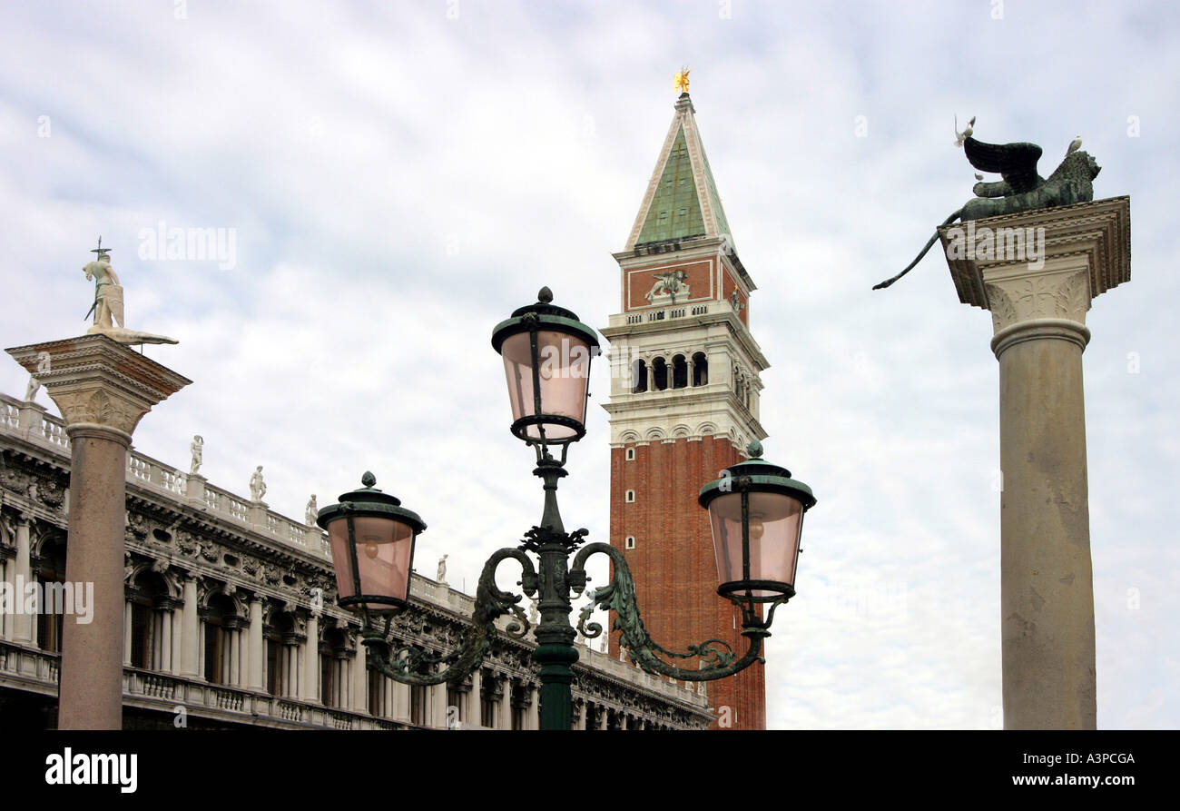 A selection of columns, lights and towers, St Marks square, Venice ...