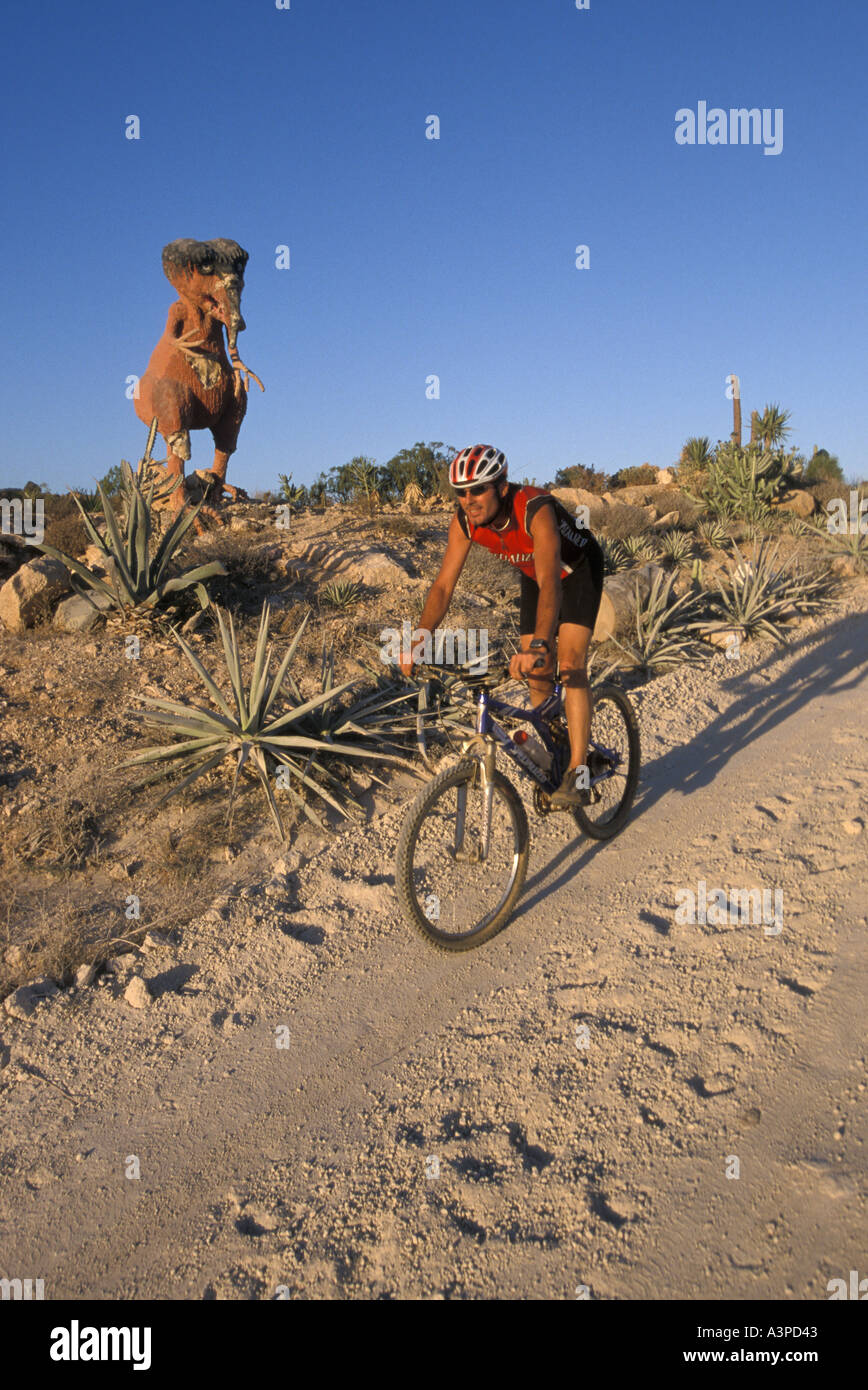 Man riding bike on dirt road by animal sculpture Stock Photo - Alamy