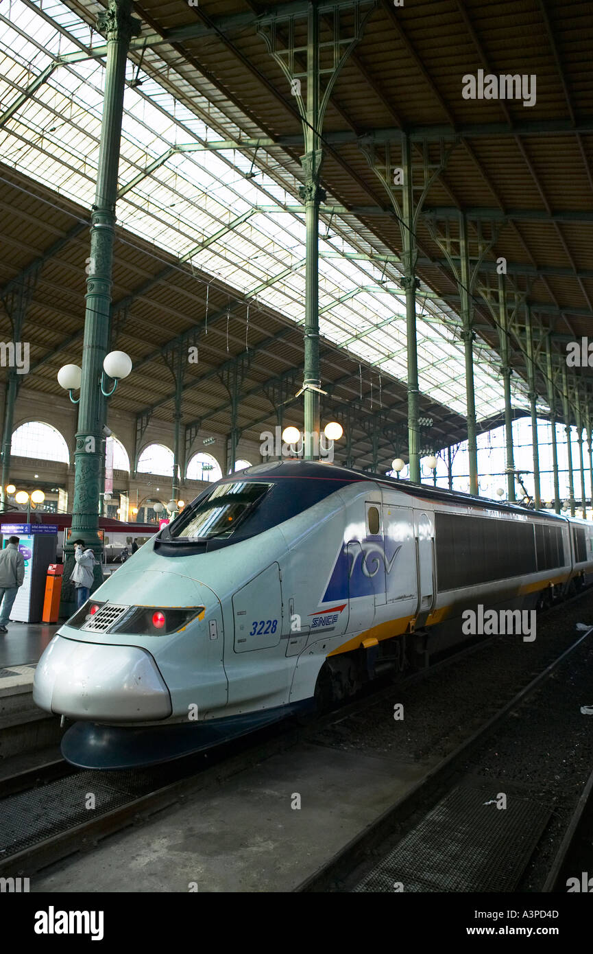 A high speed Eurostar train at the Gare du Nord in Paris France ...