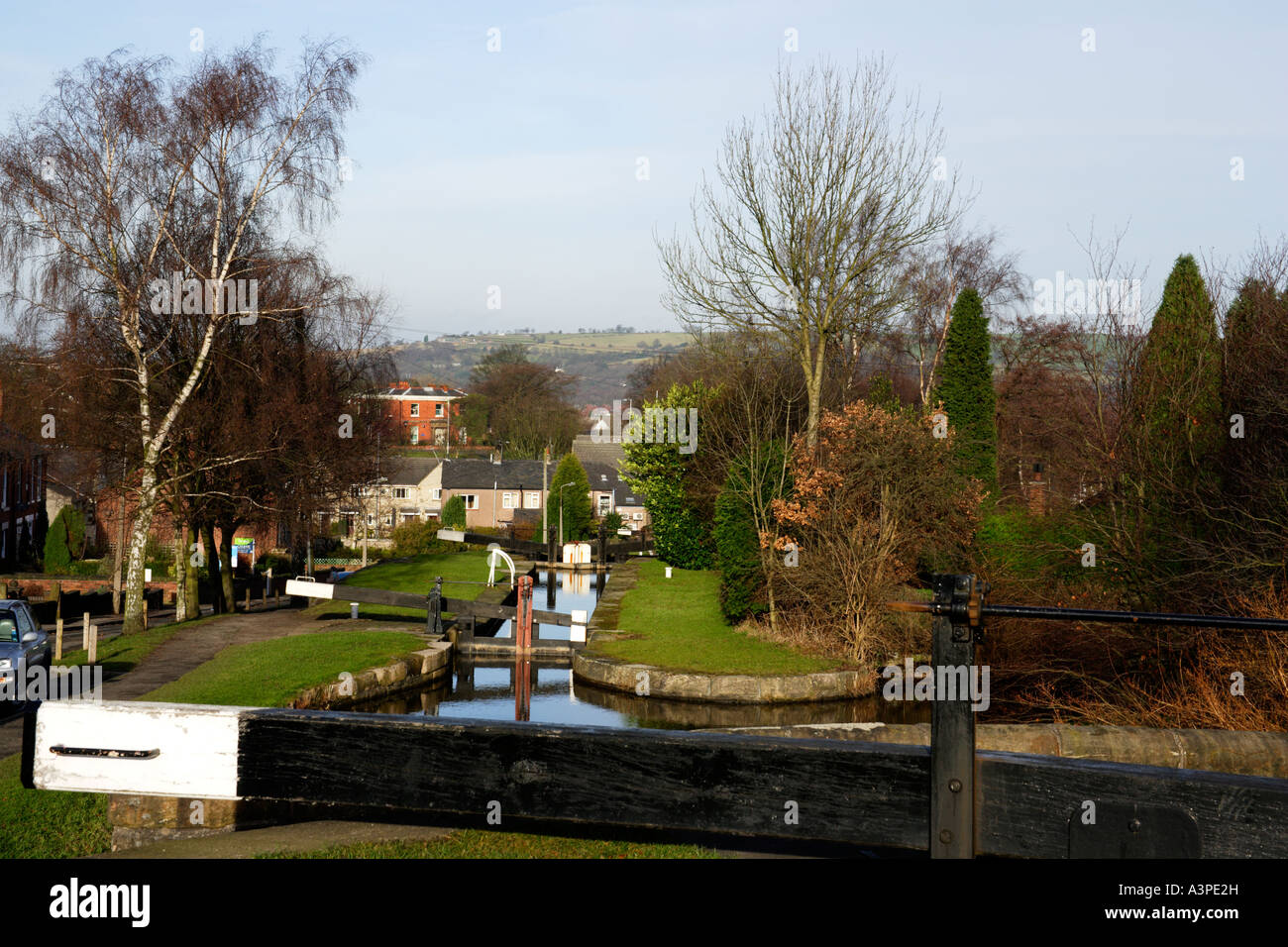 A Flight of Locks on the Peak Forest Canal at Marple in Cheshire Stock ...