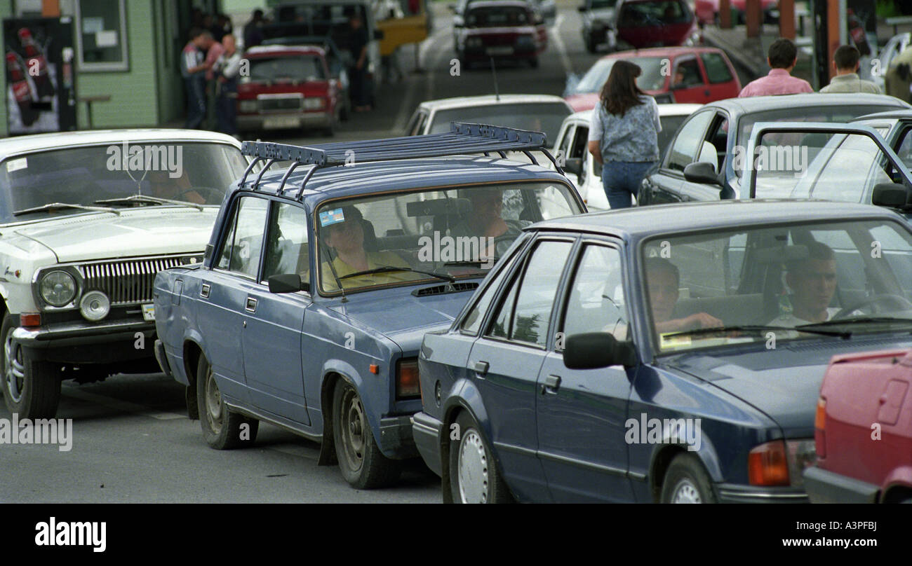 Queue of cars waiting at the Polish-Ukrainian border crossing, Korczowa ...