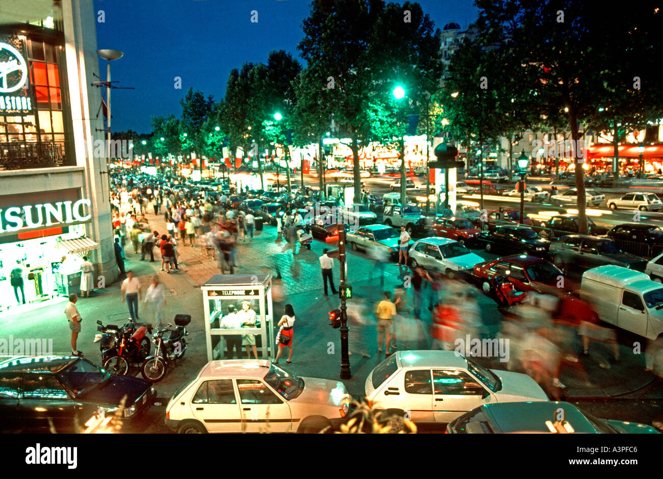 Paris, Champs Elysees, Street Scene, Overview at Night Illuminated ...