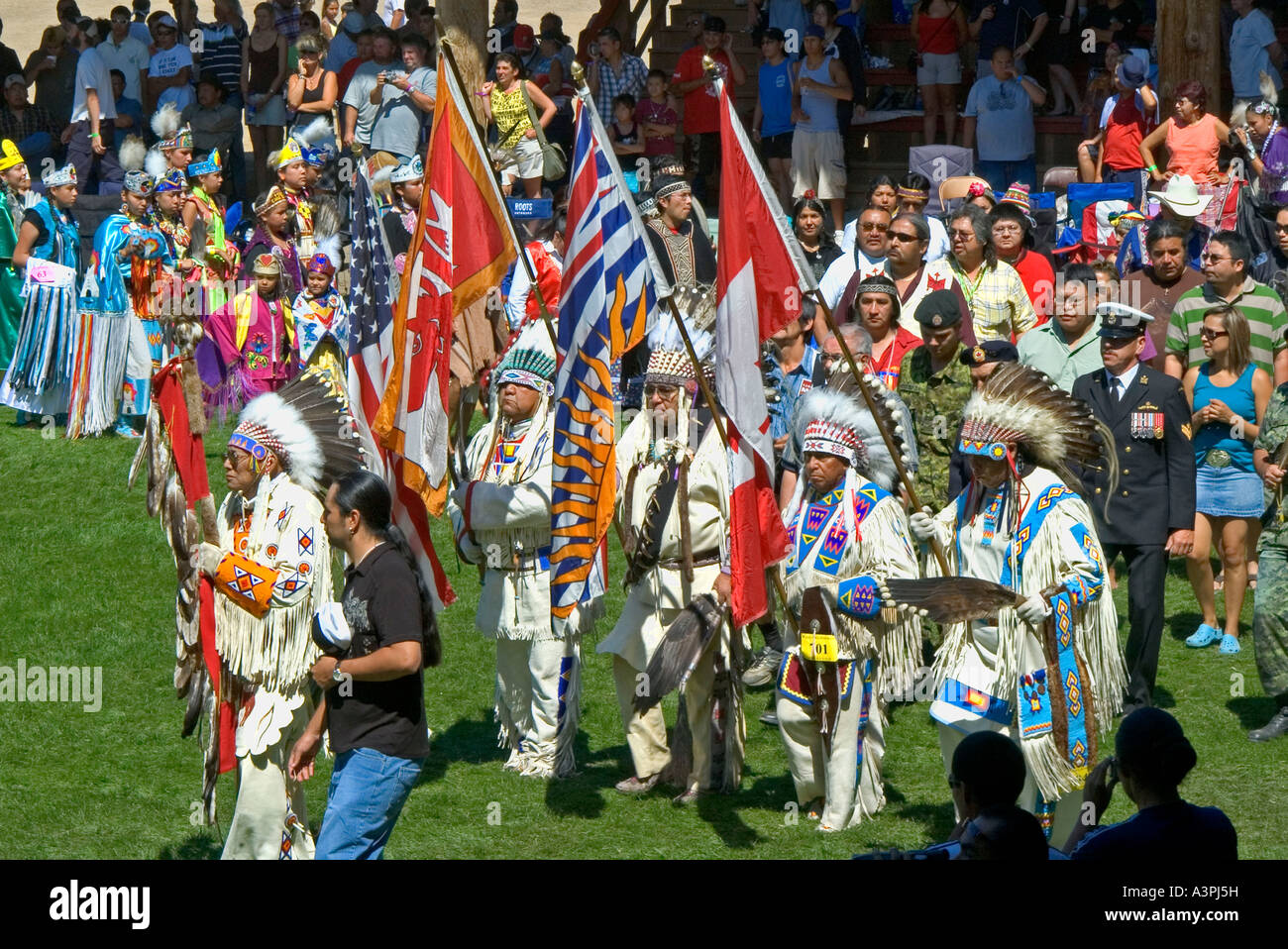 Kamloopa Pow Wow, Grand Entry, Men's Buckskin with War Bonnets bearing ...