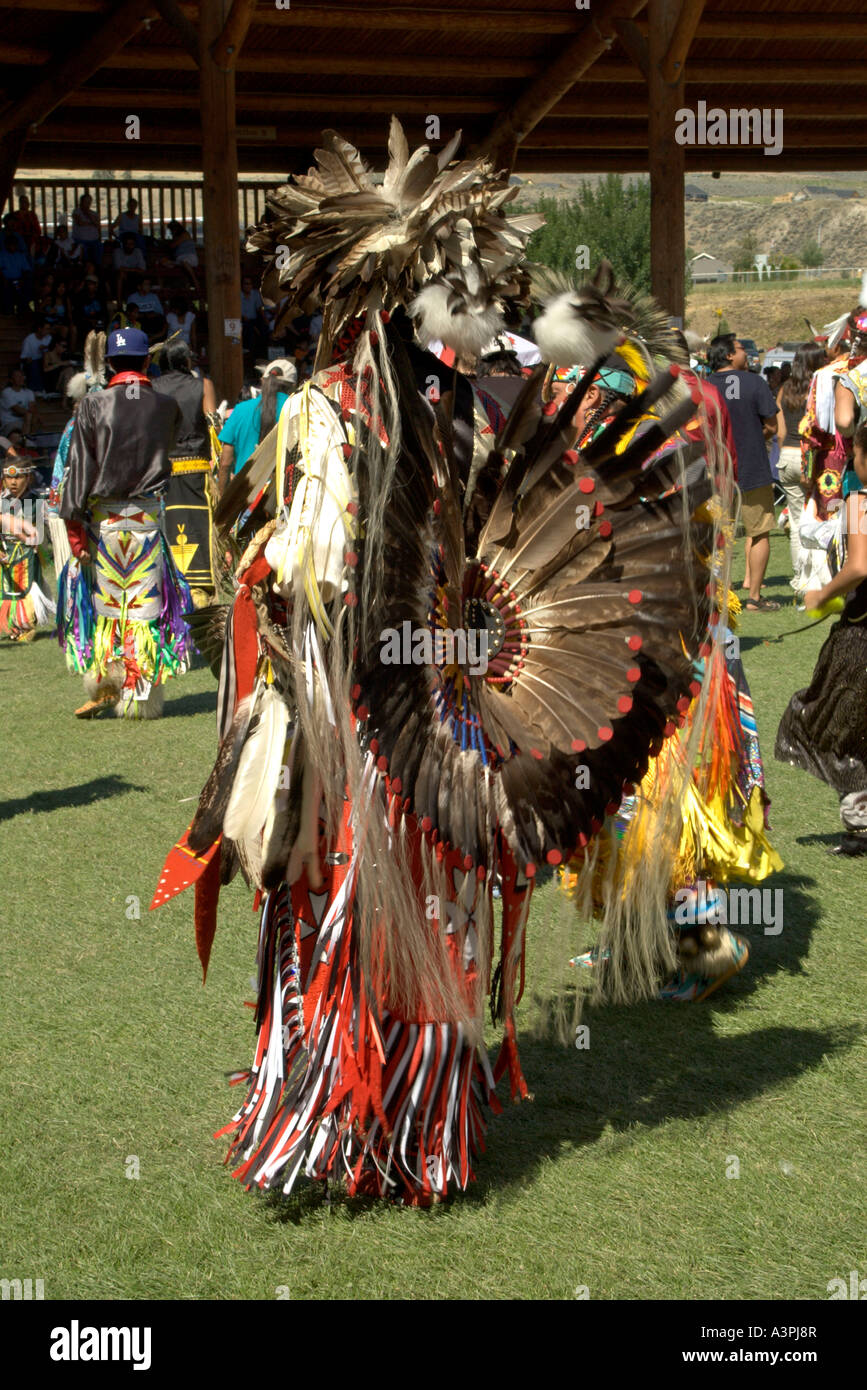 Canada, British Columbia, Kamloops, Kamloopa Pow Wow, feathers on back ...