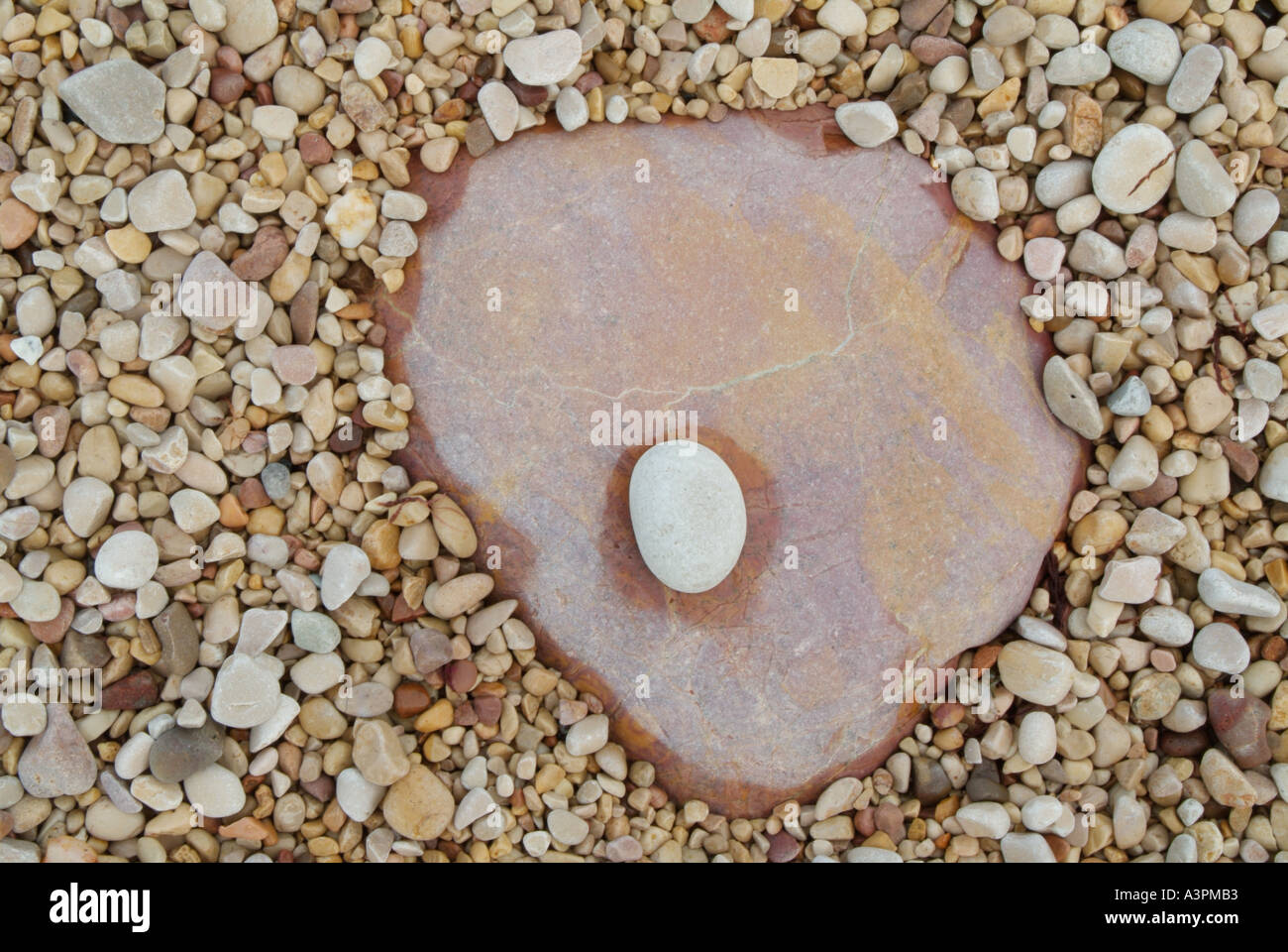 One small white pebble on a pink rock in a mass of smaller coloured ...