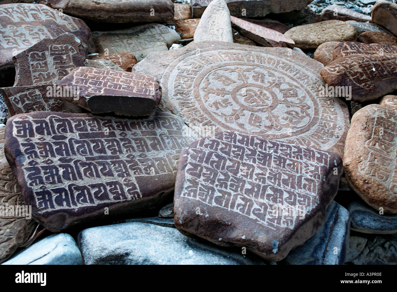 Buddhist Prayer stones in a pile in the Jinchen gorge Ladakh Indian ...