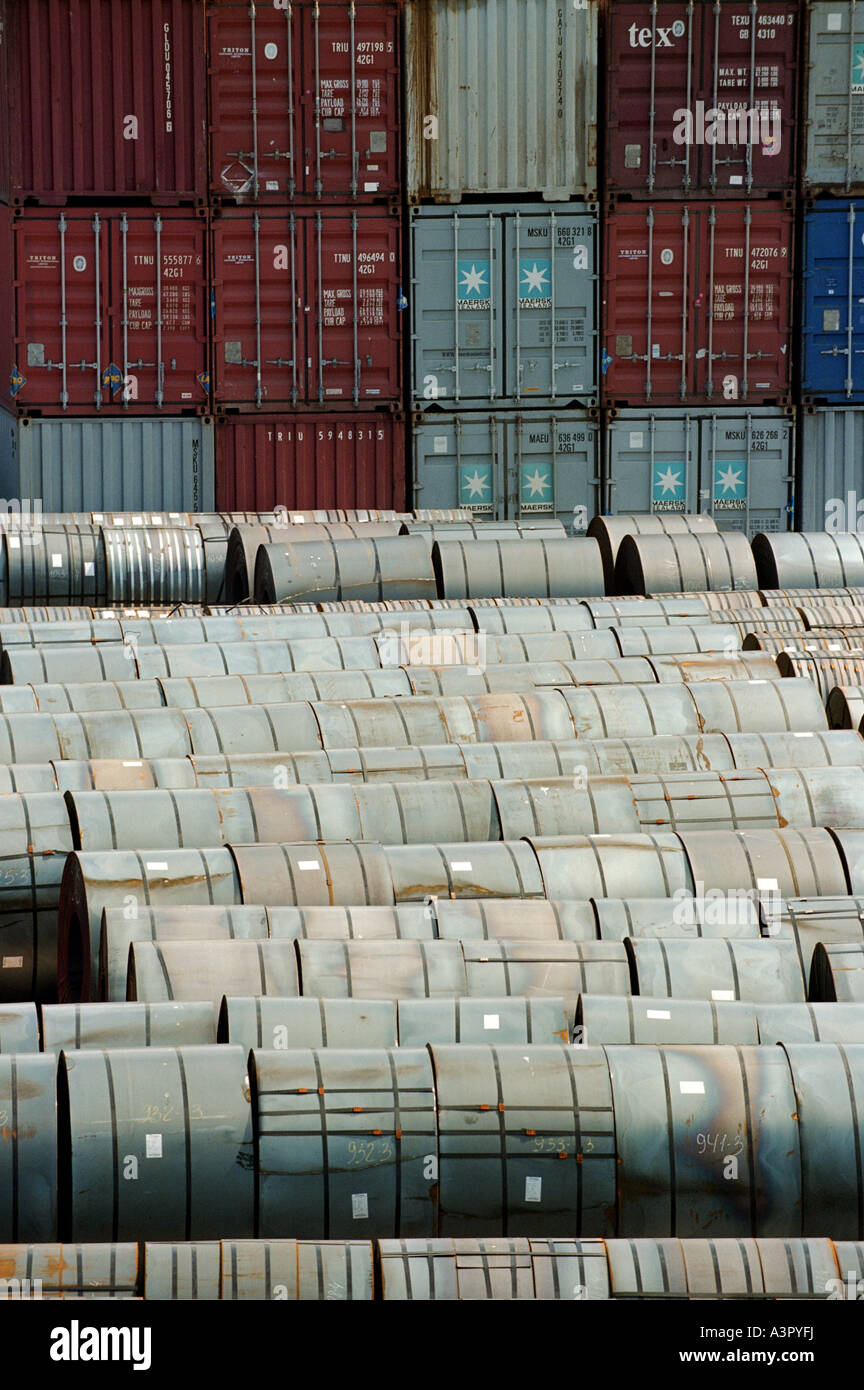 Sheet metal rolls and containers in the container terminal, Kaliningrad ...