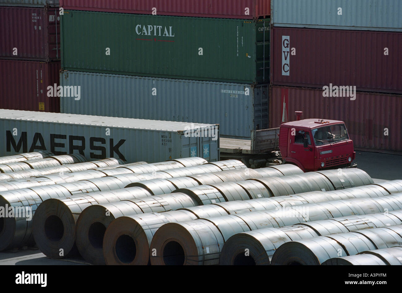 Sheet metal rolls and containers in the container terminal, Kaliningrad ...