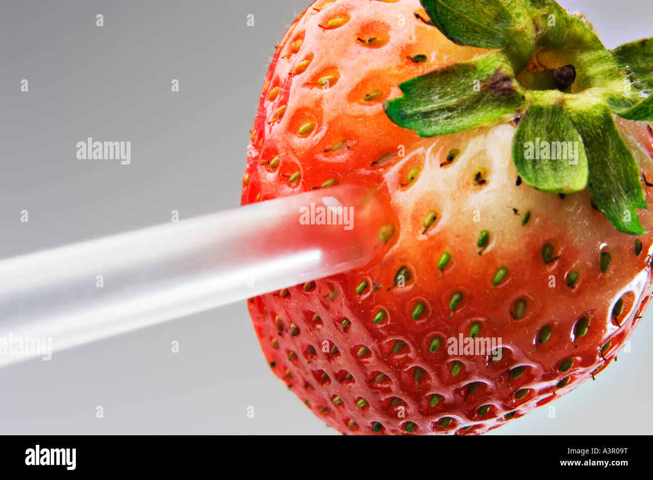 Strawberry with a straw stuck in it Stock Photo - Alamy