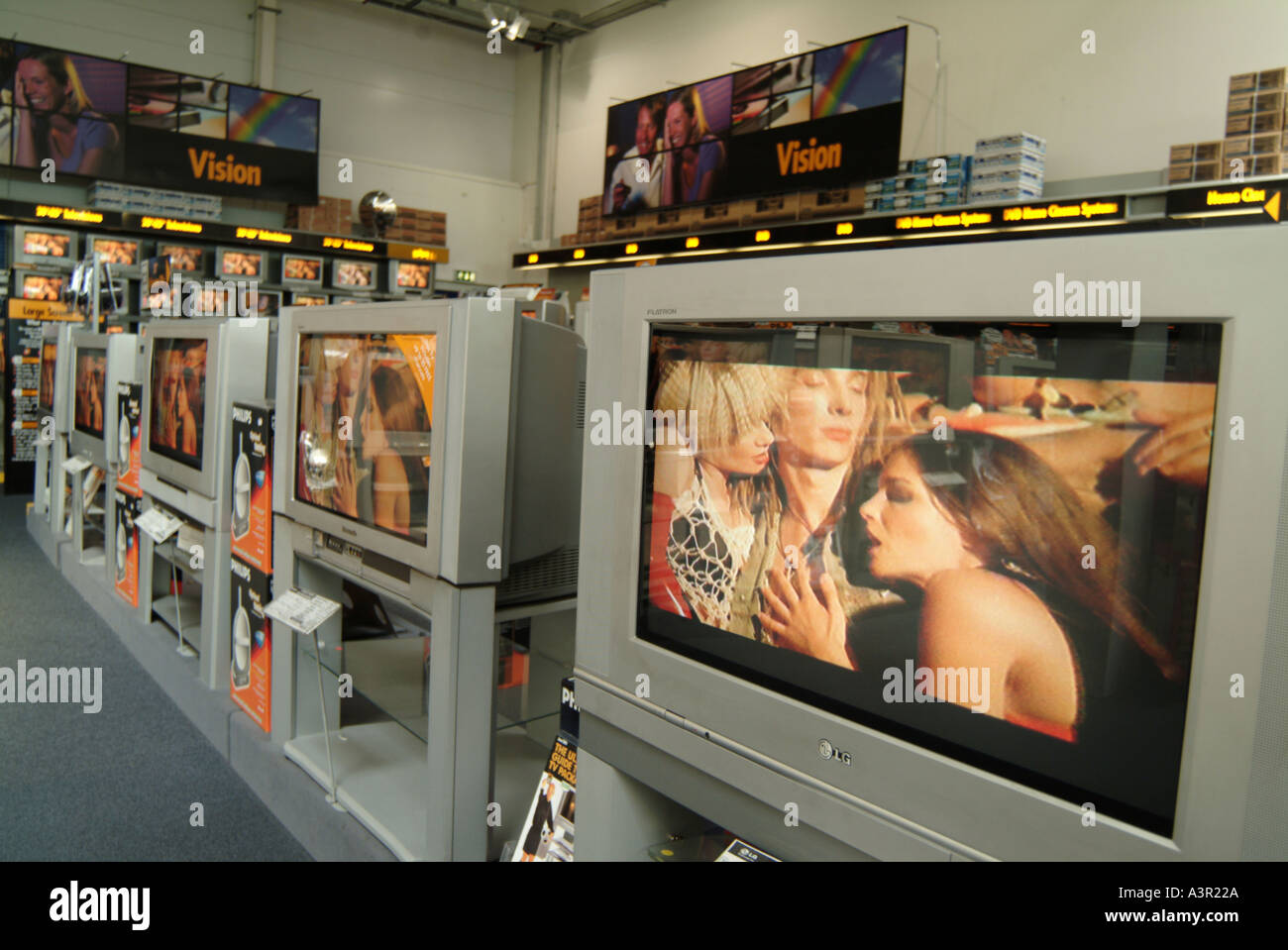 Widescreen Television display in Comet store music video onscreen Stock ...