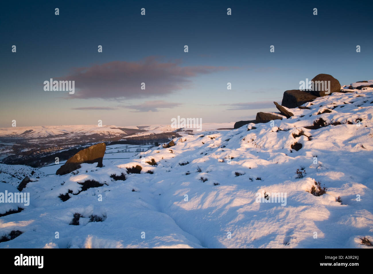 Over Owler Tor looking towards the Hope Valley, Peak District National Park, Derbyshire, England ...