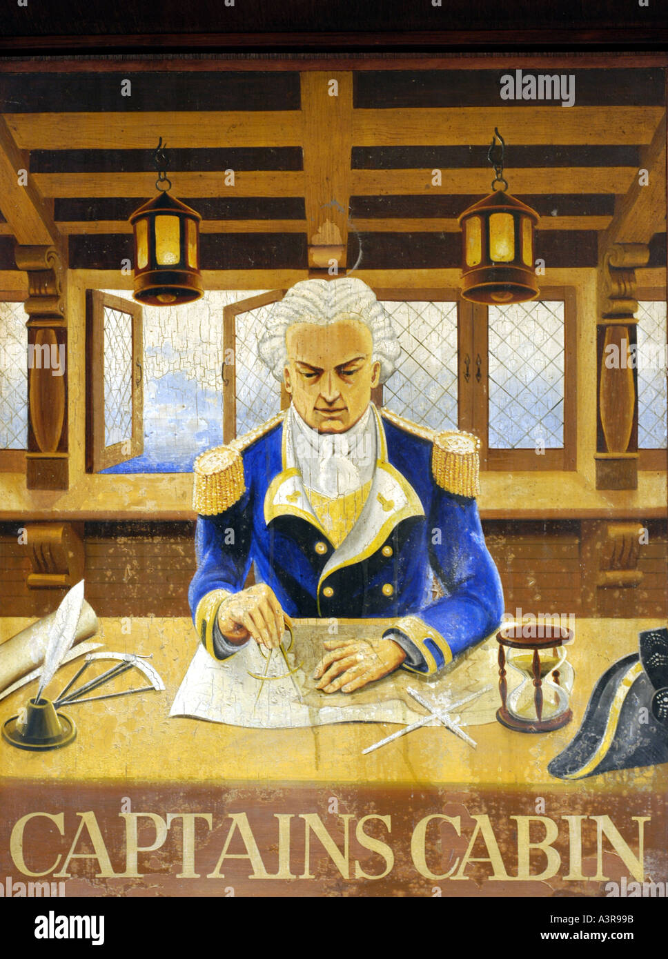 Captain s Cabin restaurant sign showing captain consulting map in his ...