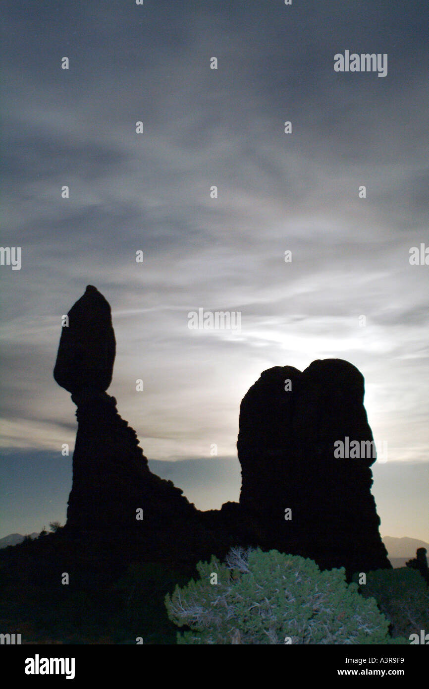 Rock monoliths lit up by the full moon in Arches national park Utah ...