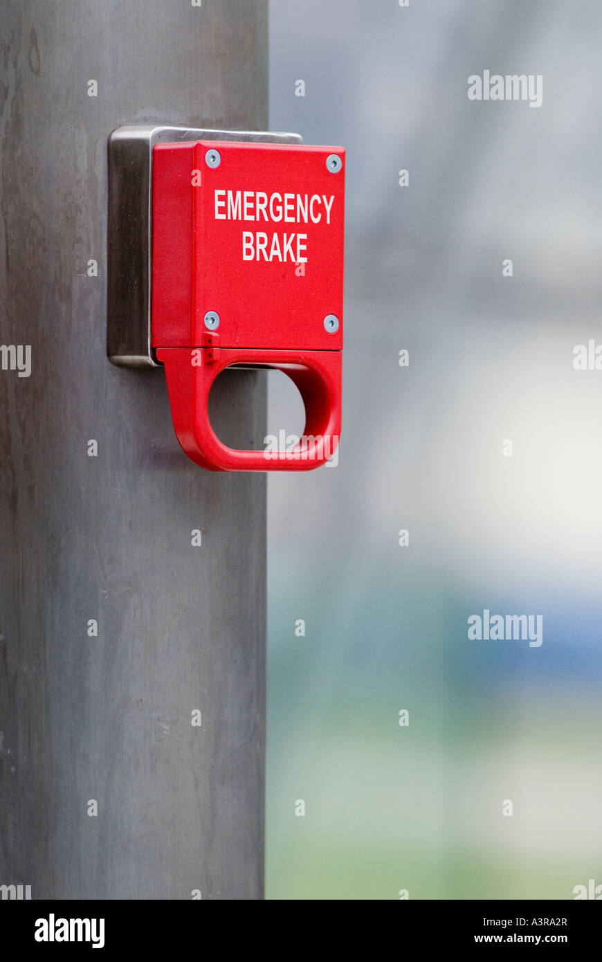 one single red emergency brake marked with words emergency brake Stock ...