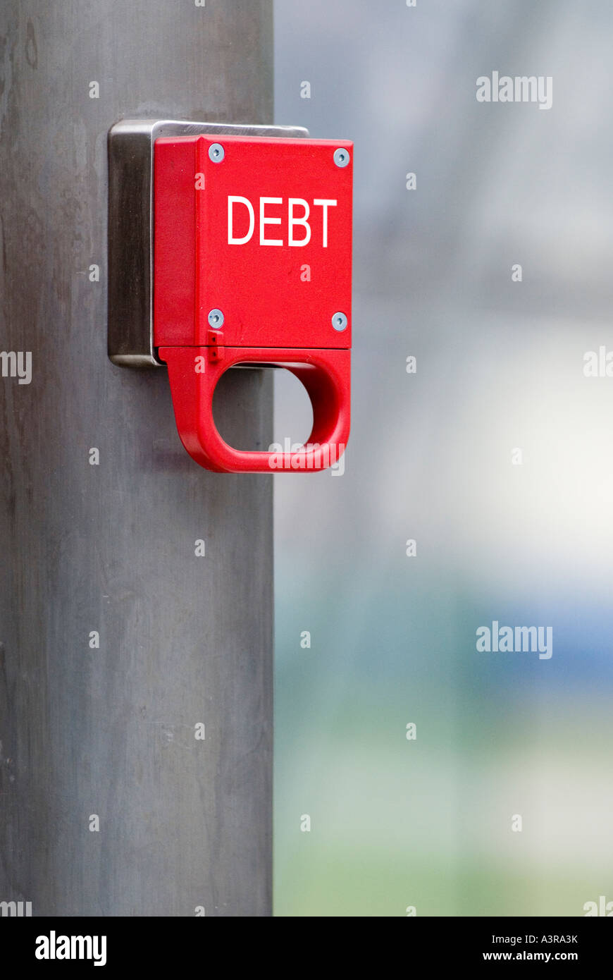 one single red emergency brake marked with words debt getting out of ...