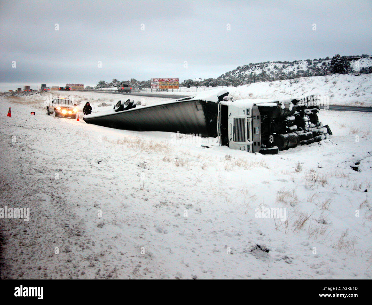 Truck accident on Interstate 40 in New Mexico in snow storm Stock Photo ...