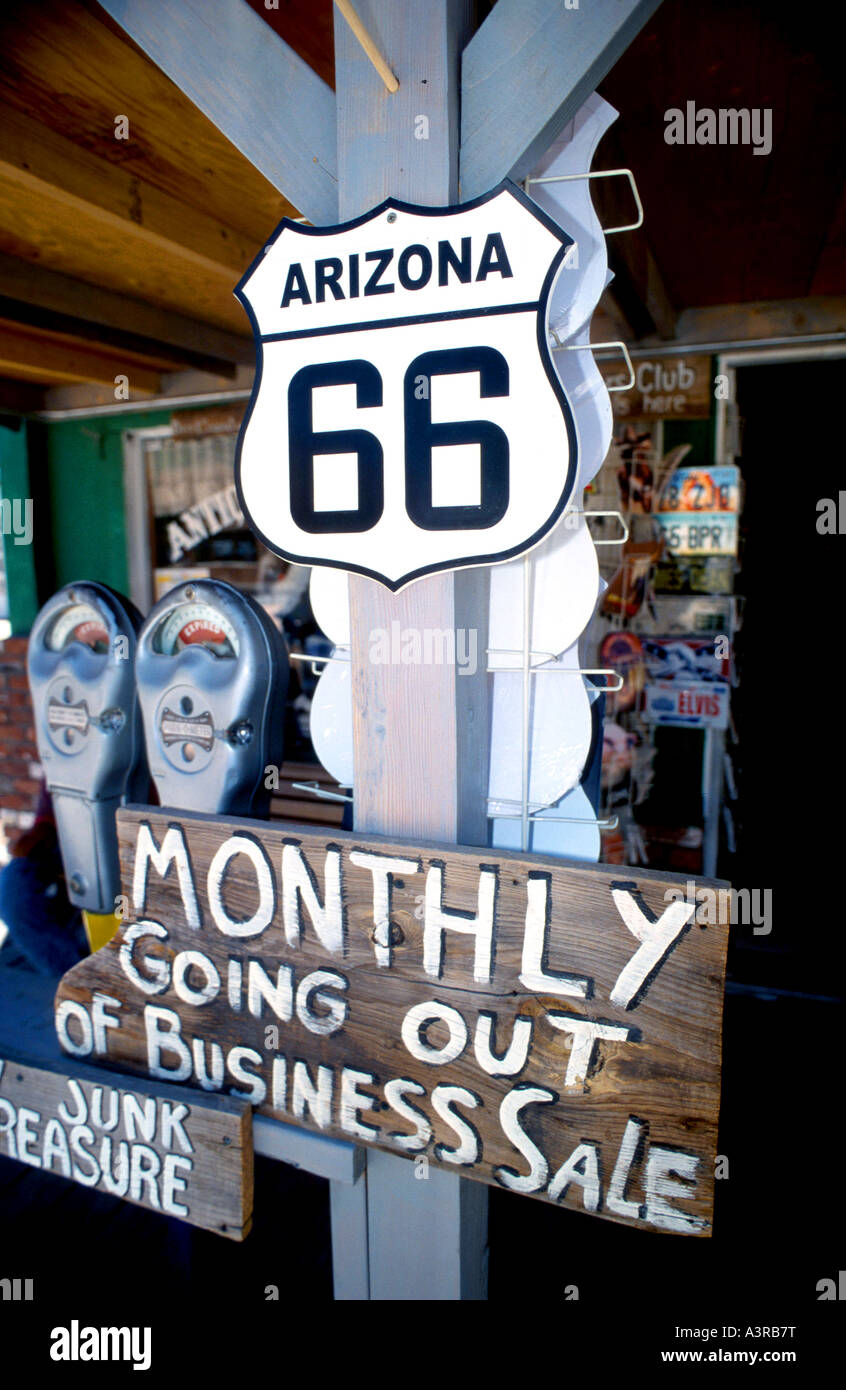 Monthly going out of sale sign alongside Rout 66 signage in Arizona ...
