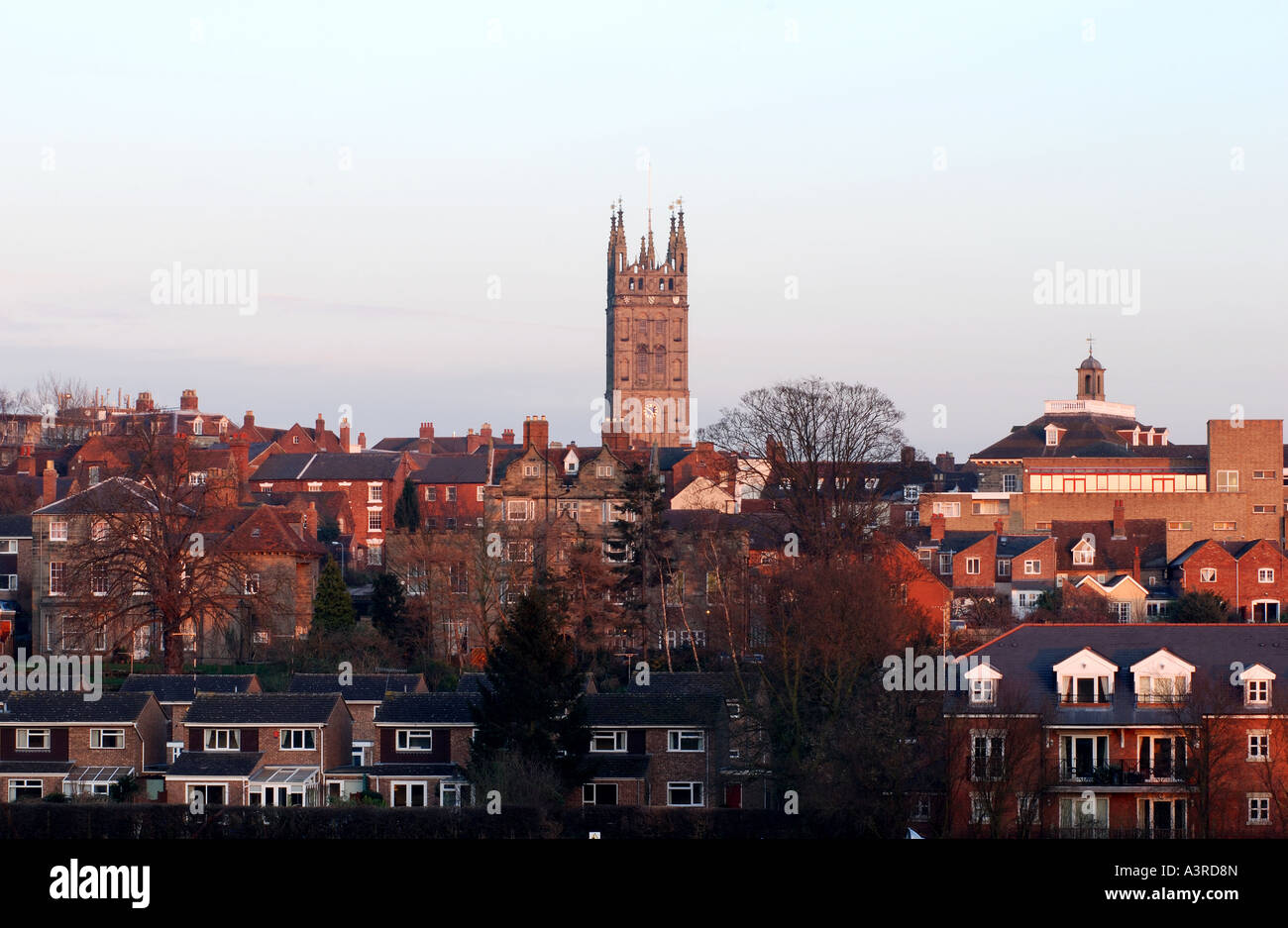 Warwick town centre including St. Mary`s Church from the racecourse ...