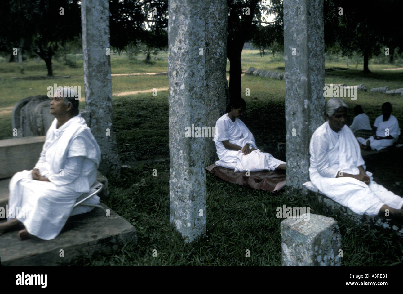 Buddhist nuns meditating in the ancient site of Anuradapura in Sri ...