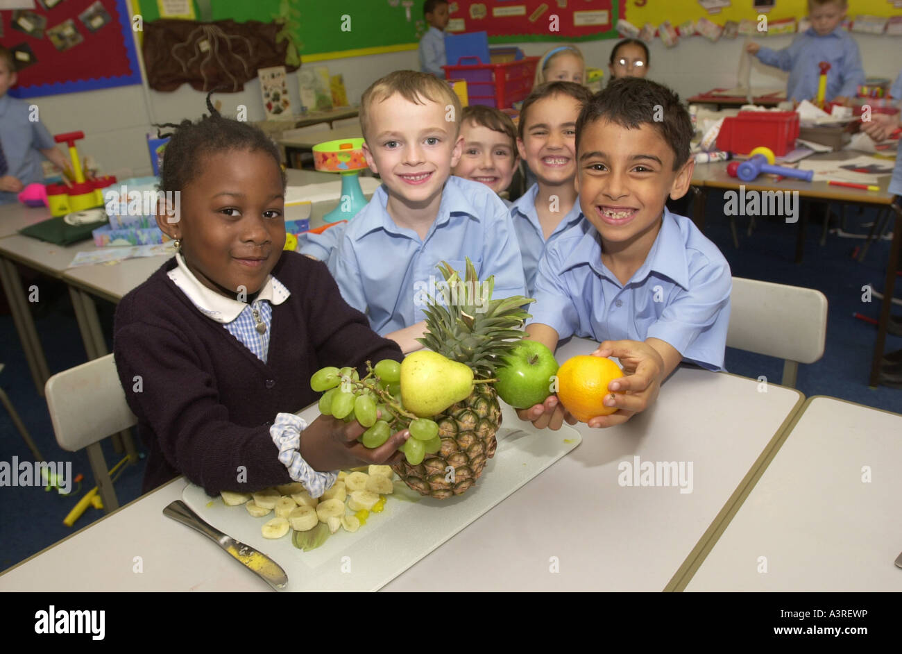 Children show different kinds of fruit in a lesson. Encouraging them to ...
