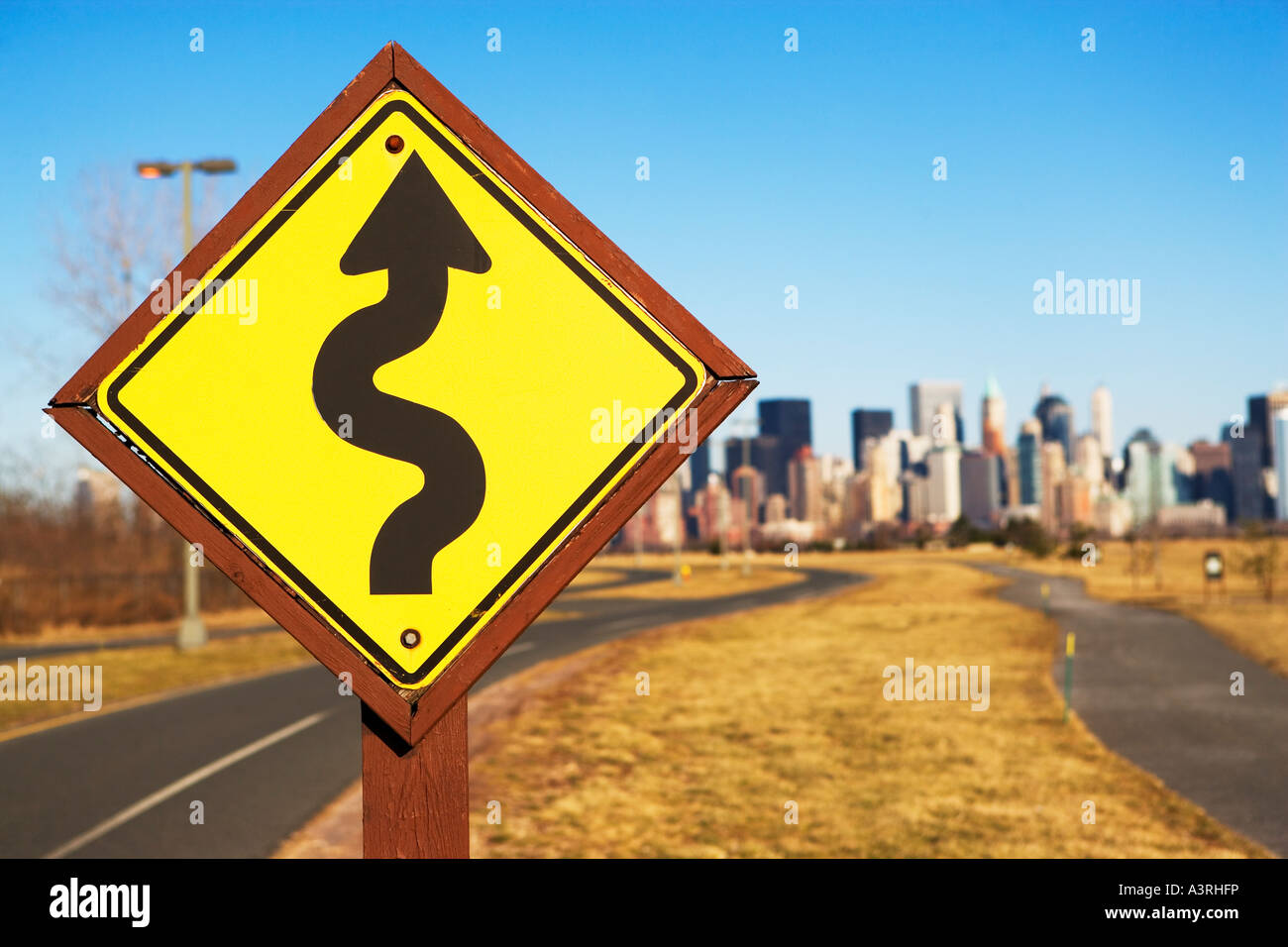 arrow, winding road, upward, blue sky, directional, caution, beware ...