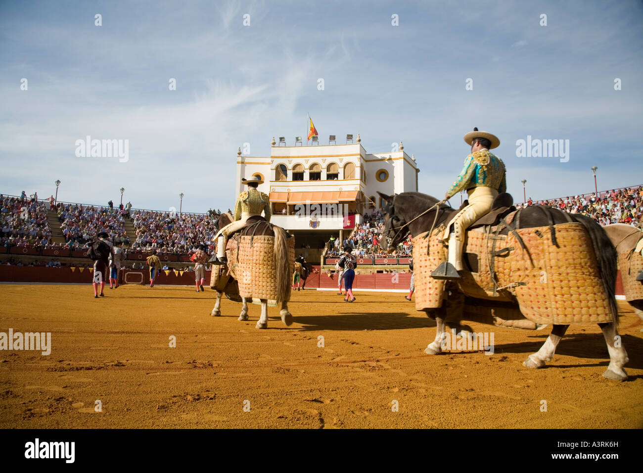 The cuadrillas or teams making paseillo or opening parade at beginning ...