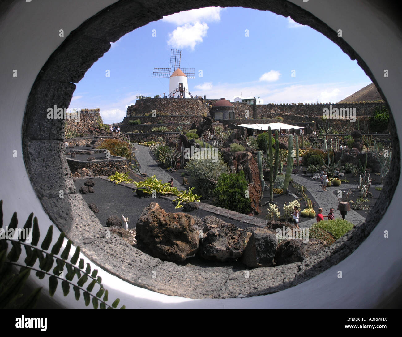 View through a window of Cesar Manrique Jardin de Cactus in Lanzarote ...