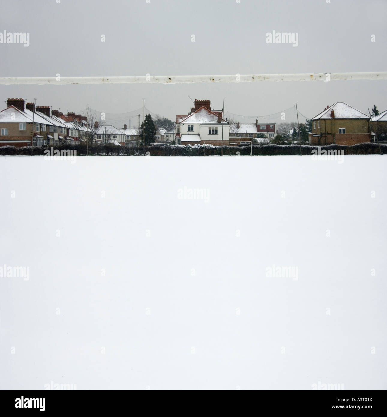 frozen playing fields covered in snow, suburbs, London, England Stock ...