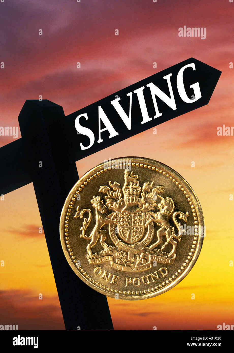signpost pointing towards SAVING and UK Pound coin Stock Photo - Alamy