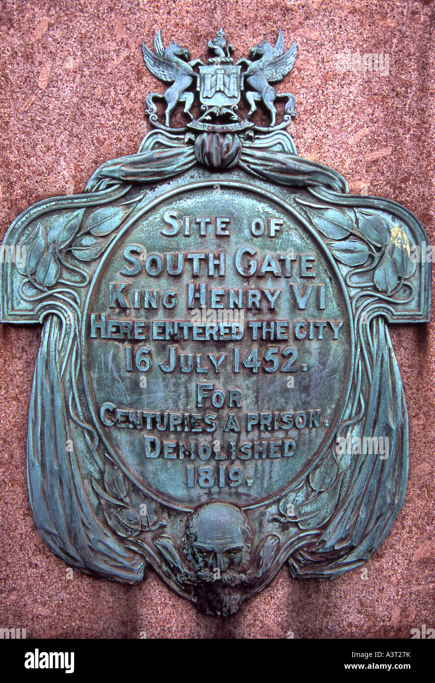 Commemorative plaque at the site of The South Gate of Exeter's ancient ...