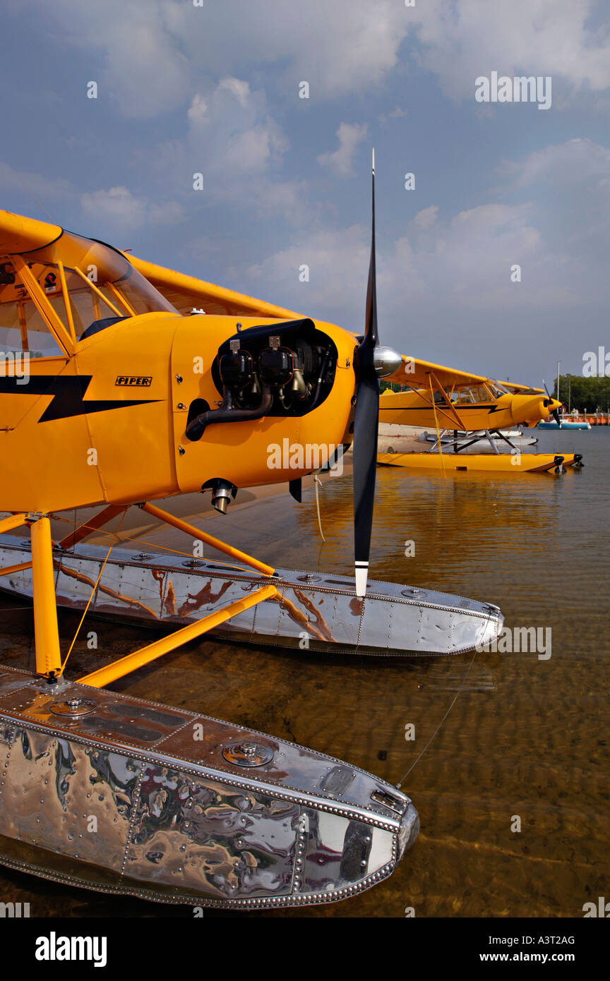 Cub Piper seaplanes are lined up on the beach of Grand Marais Michigan ...
