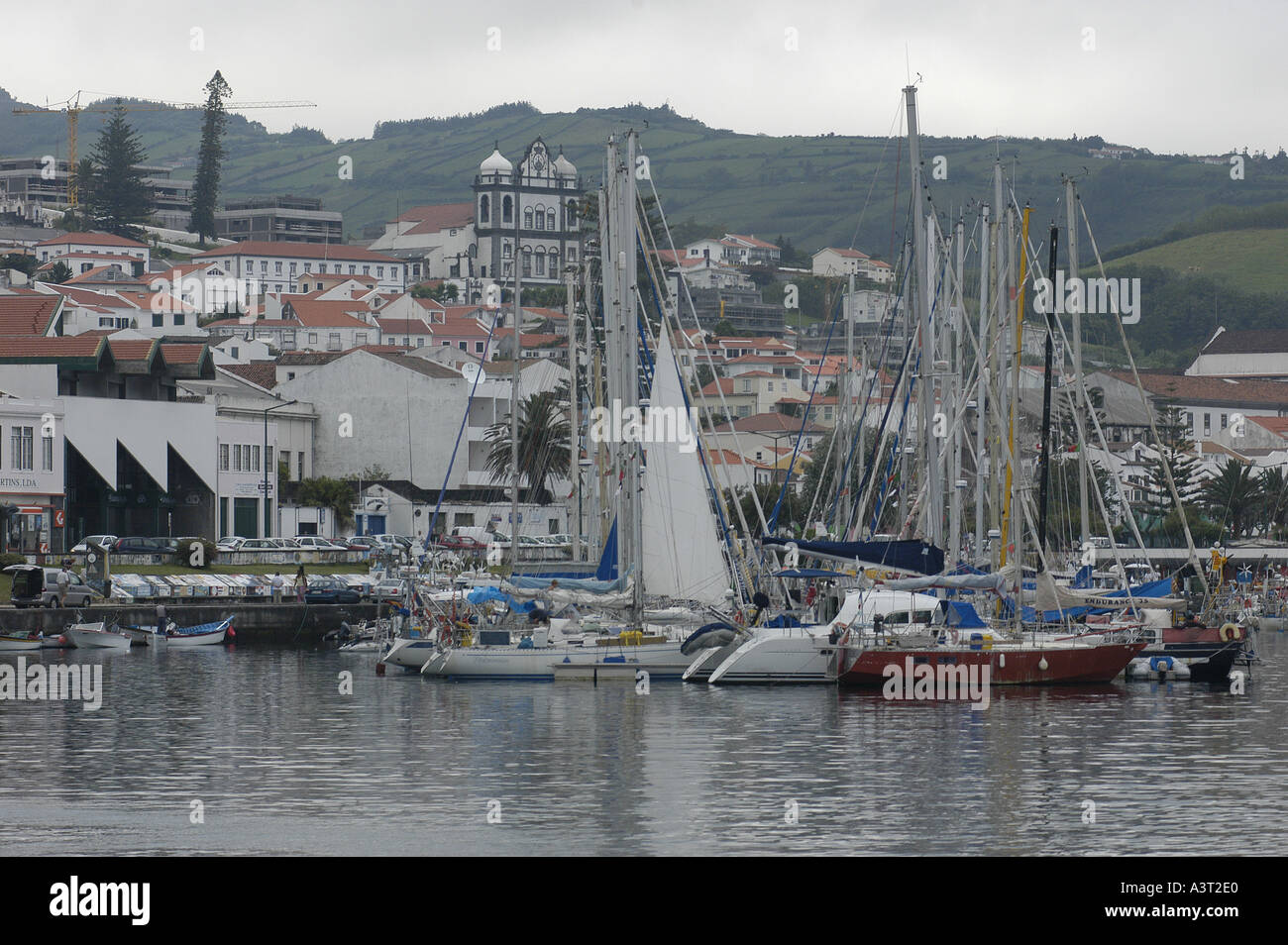 View of Horta village town harbour and marina Faial Island Azores ...