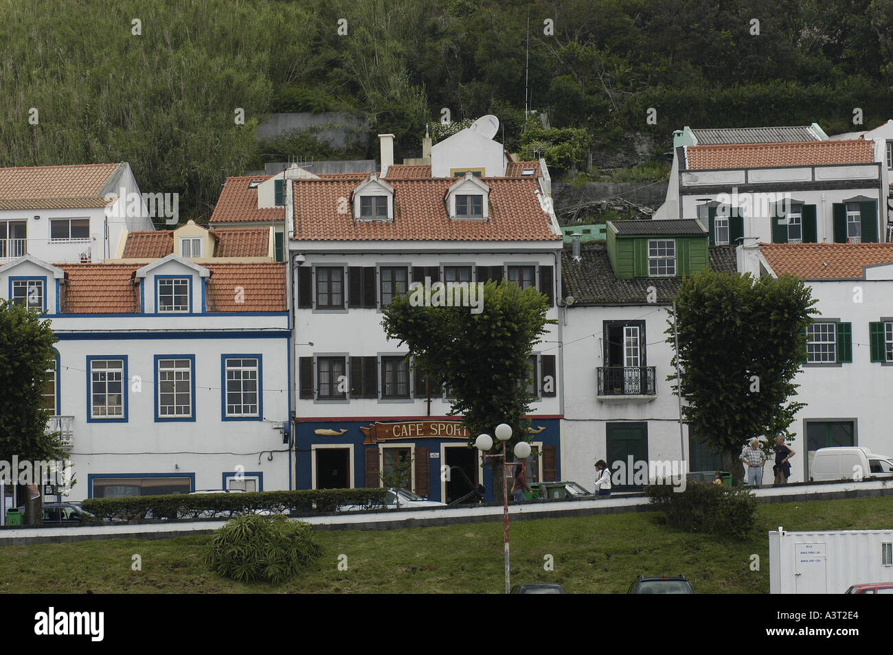 View of Horta village town harbour and marina Faial Island Azores ...